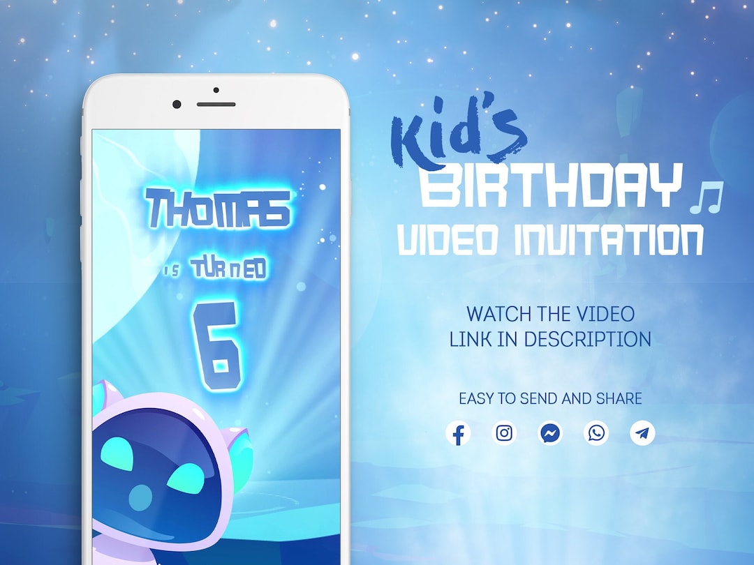 Kids Birthday Video Invitation, Space Droid Cartoon Personalized ...