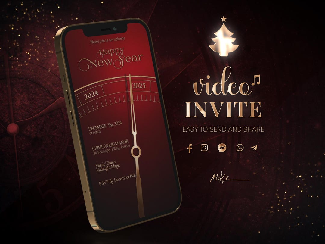 Deep Red New Year's Eve Video Invitation. Exclusive Gold Sparkling ...