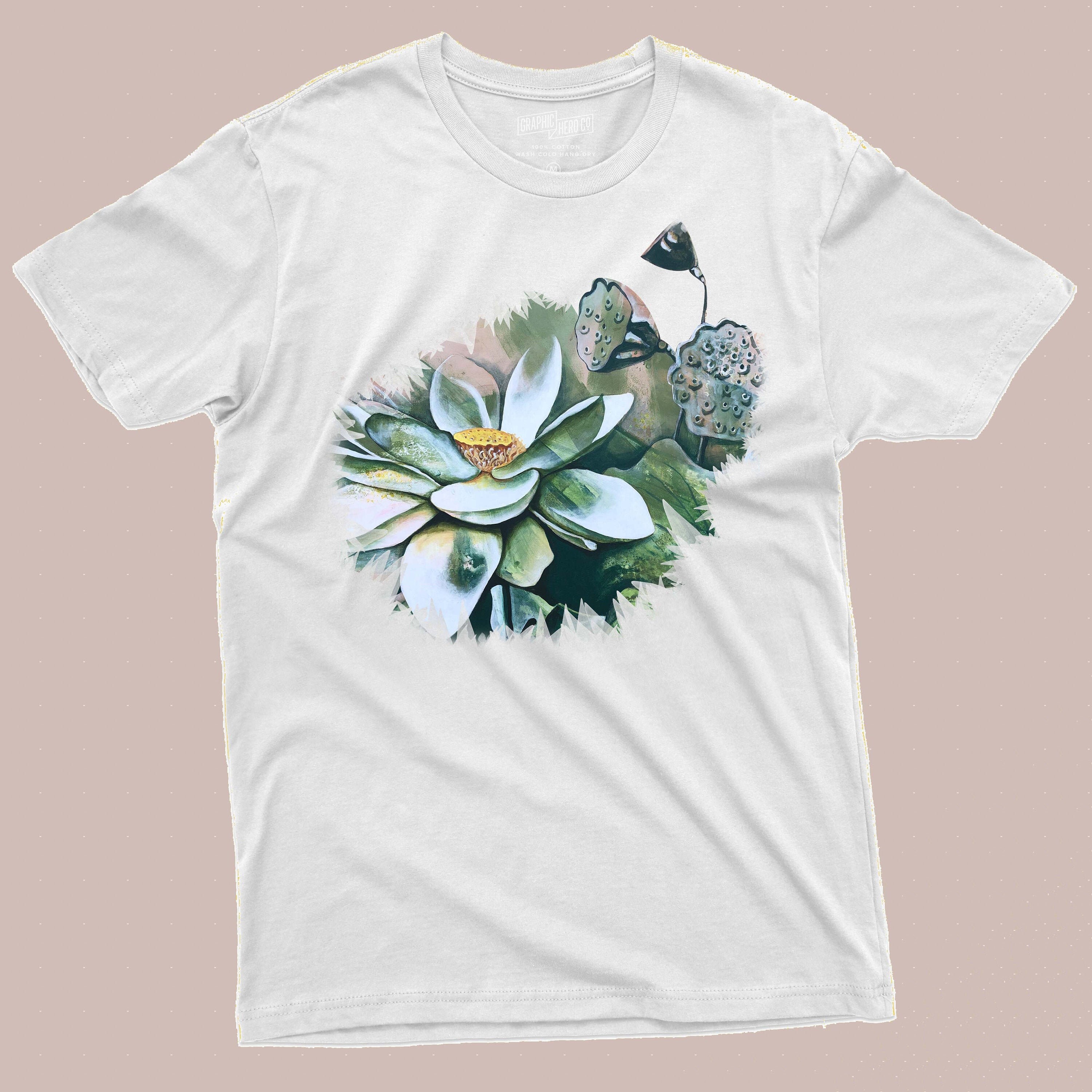 Lotus Original Painting Design Print T Shirt Lotos Woman White Grey Tee ...