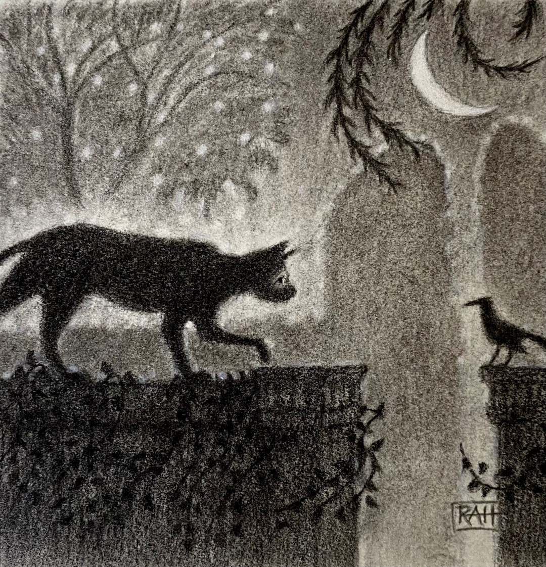 Black Cat and Bird on Ivy Covered Wall Under Crescent Moon, Black Cat ...