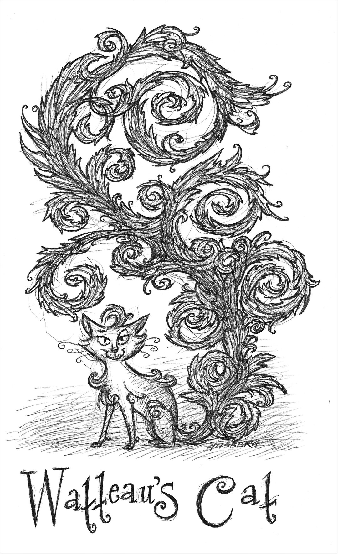 Original Ink Drawing of a Whimsical Rococo Cat With a Flamboyant Wildly ...
