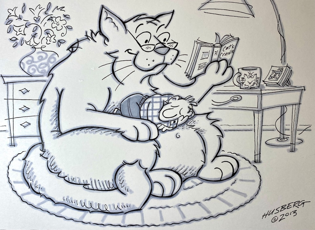 Man Sleeping With Cat • Lounge Chair • Cat Reading Book • Giant Cat ...