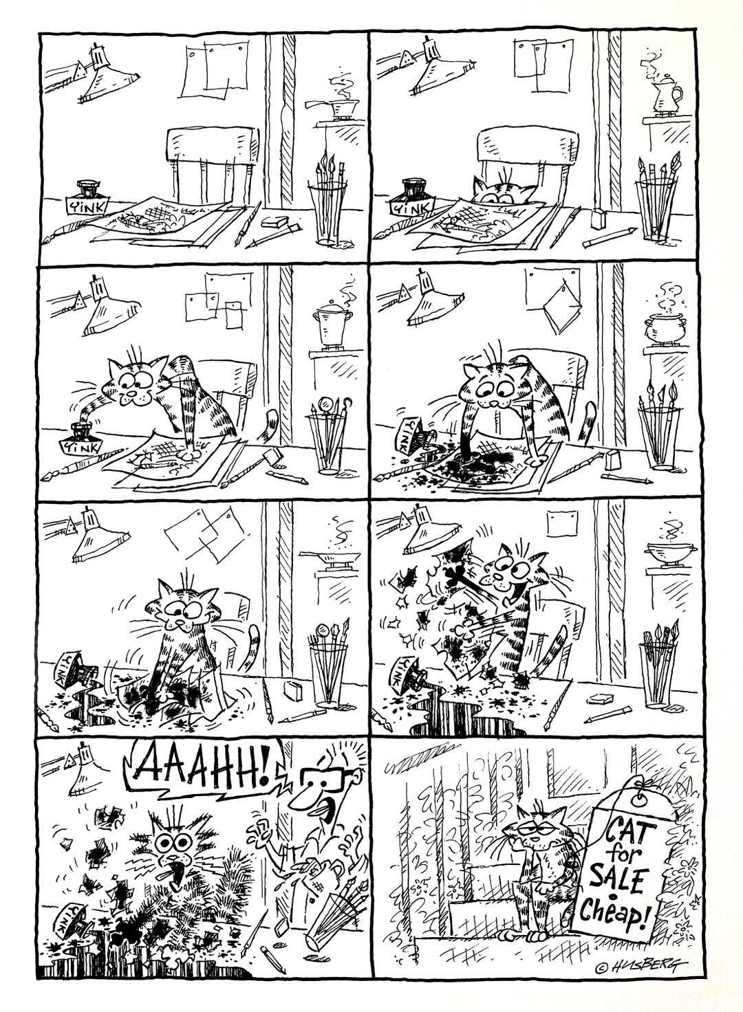 Multiple Panel Original Cat Cartoon, Cat Making a Mess in Studio, Funny ...