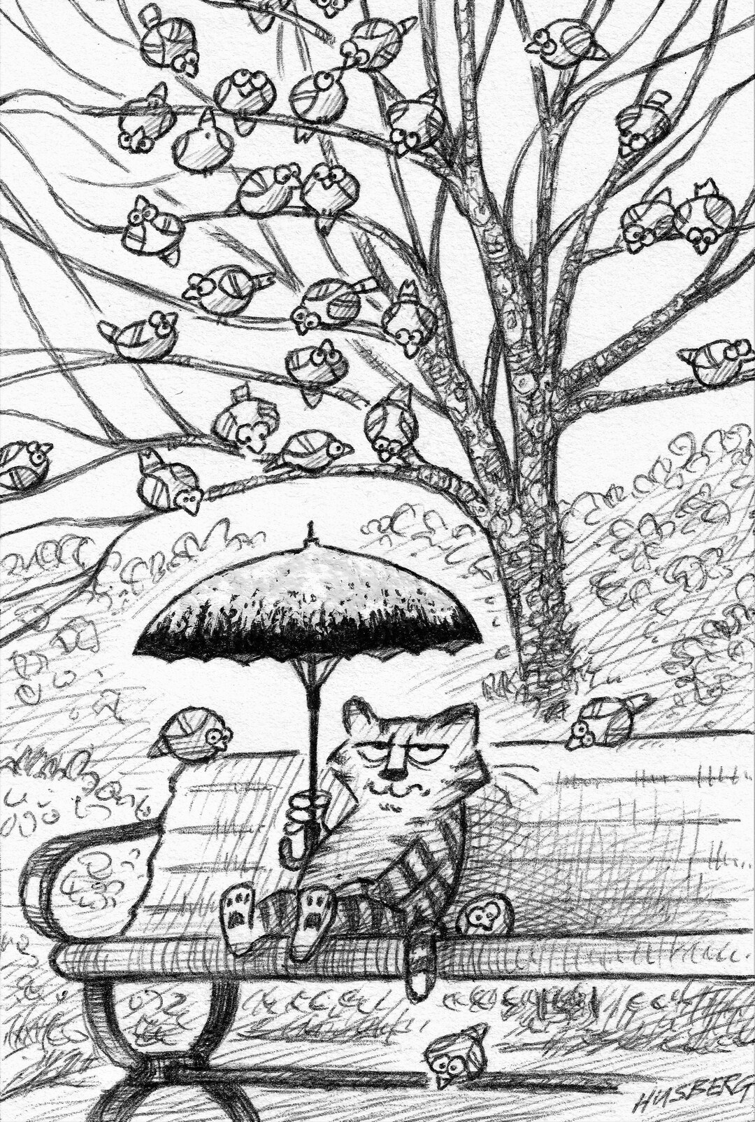 Fine Art Print, Ink Drawing of a Grumpy Cat Sitting on a Park Bench ...