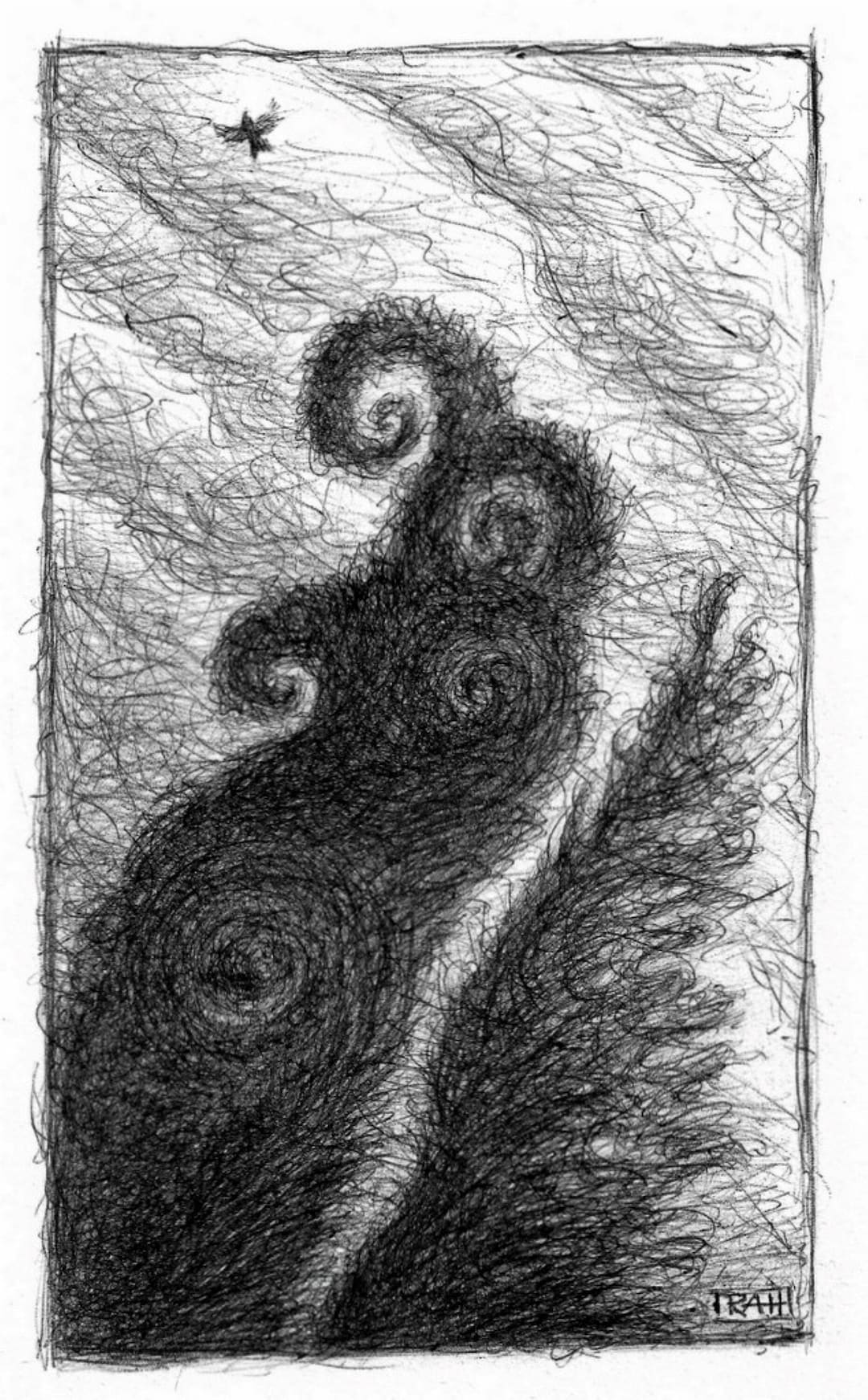 Original Ink Drawing of Trees Bending in a Dust Storm, Leaves Blowing ...