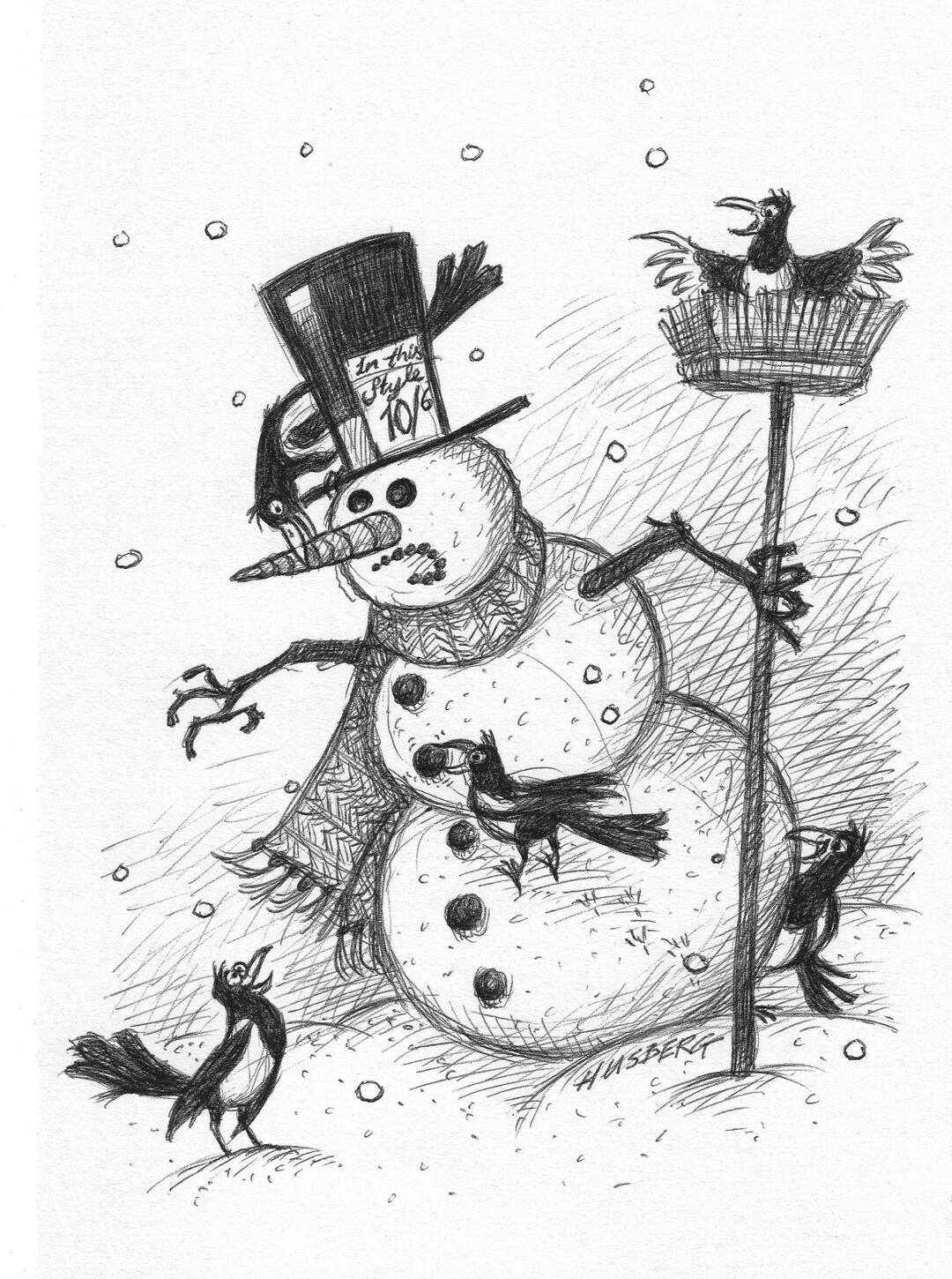 Original Christmas Cartoon Ink Drawing of Funny Exasperated Snowman ...