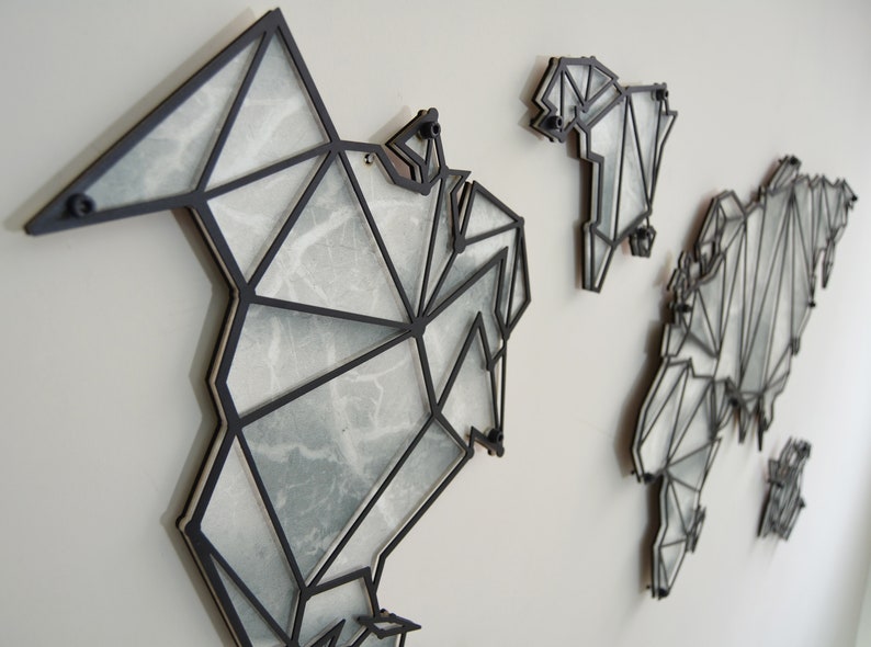 Metal World Map With Painted Wood MDF Gray Marble Effect - Metal Wall ...