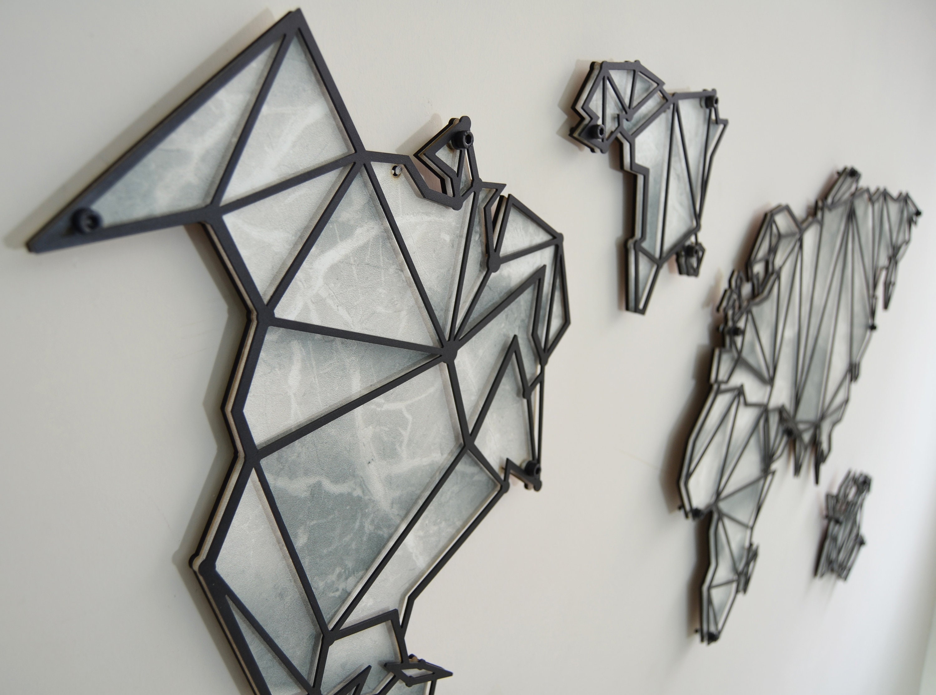 Metal World Map With Painted Wood MDF Gray Marble Effect - Metal Wall ...