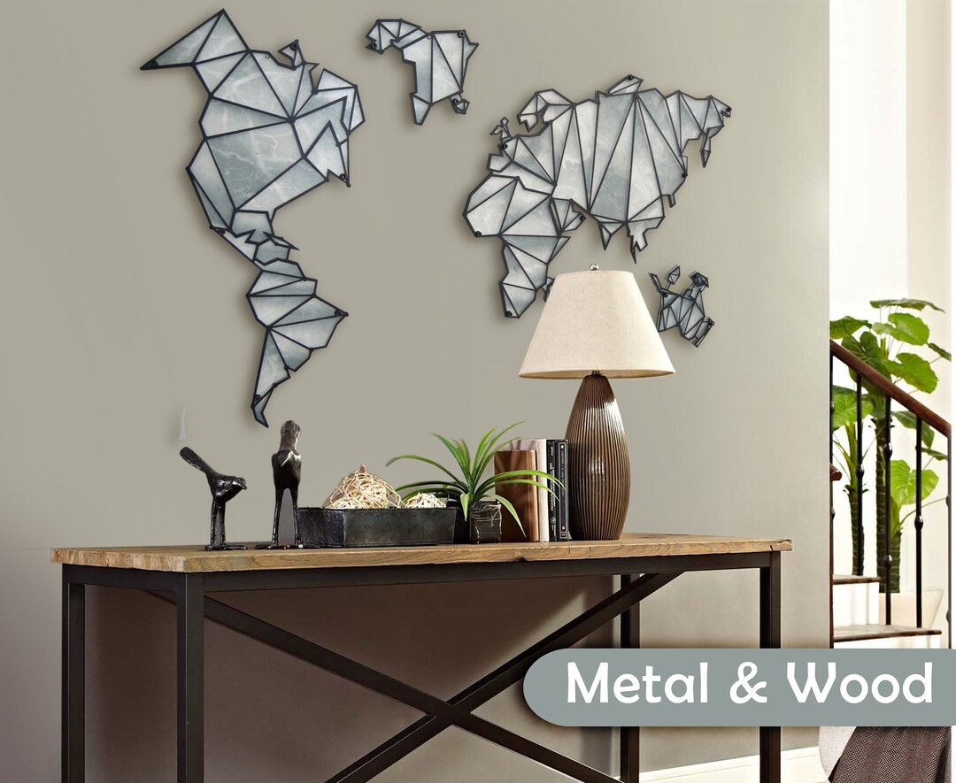 Metal World Map With Painted Wood MDF Gray Marble Effect - Metal Wall ...