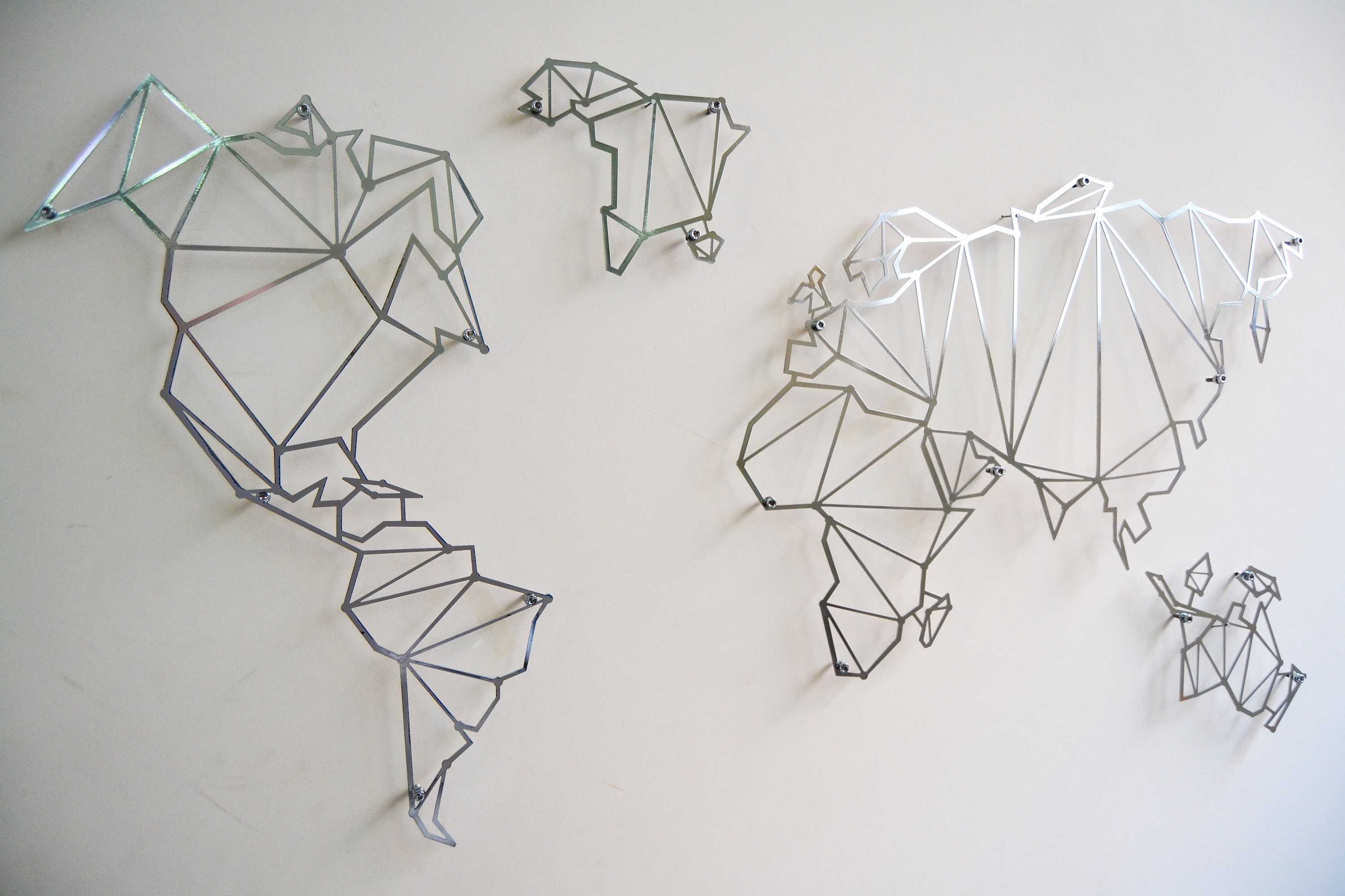 Metal World Map Chrome Steel Wall Art Decor Livingroom Office | Etsy