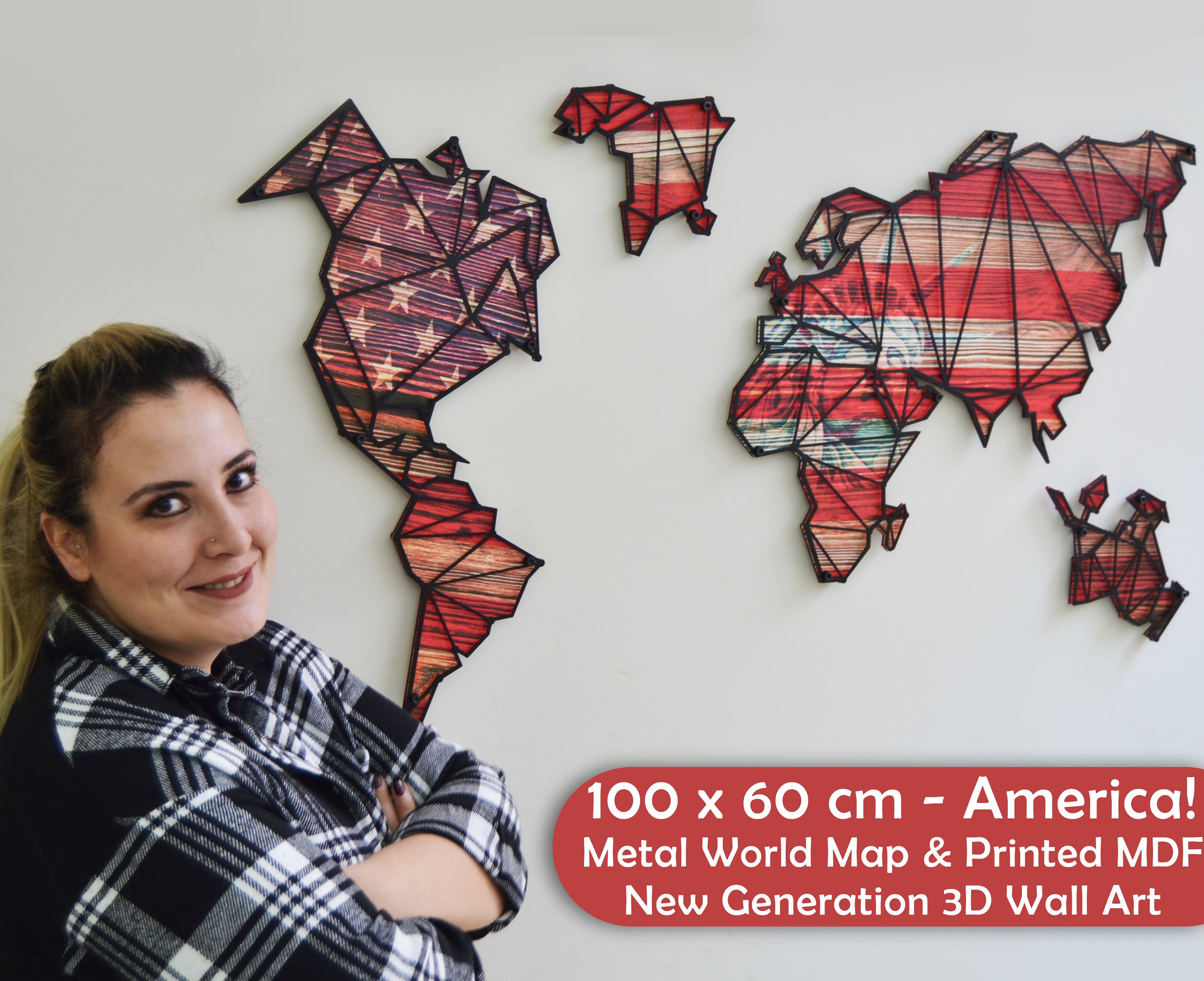 Metal World Map With Painted American Flag Wood Vector Decal MDF ...