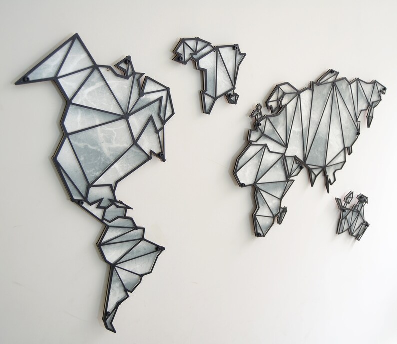 Metal World Map With Painted Wood MDF Gray Marble Effect | Etsy