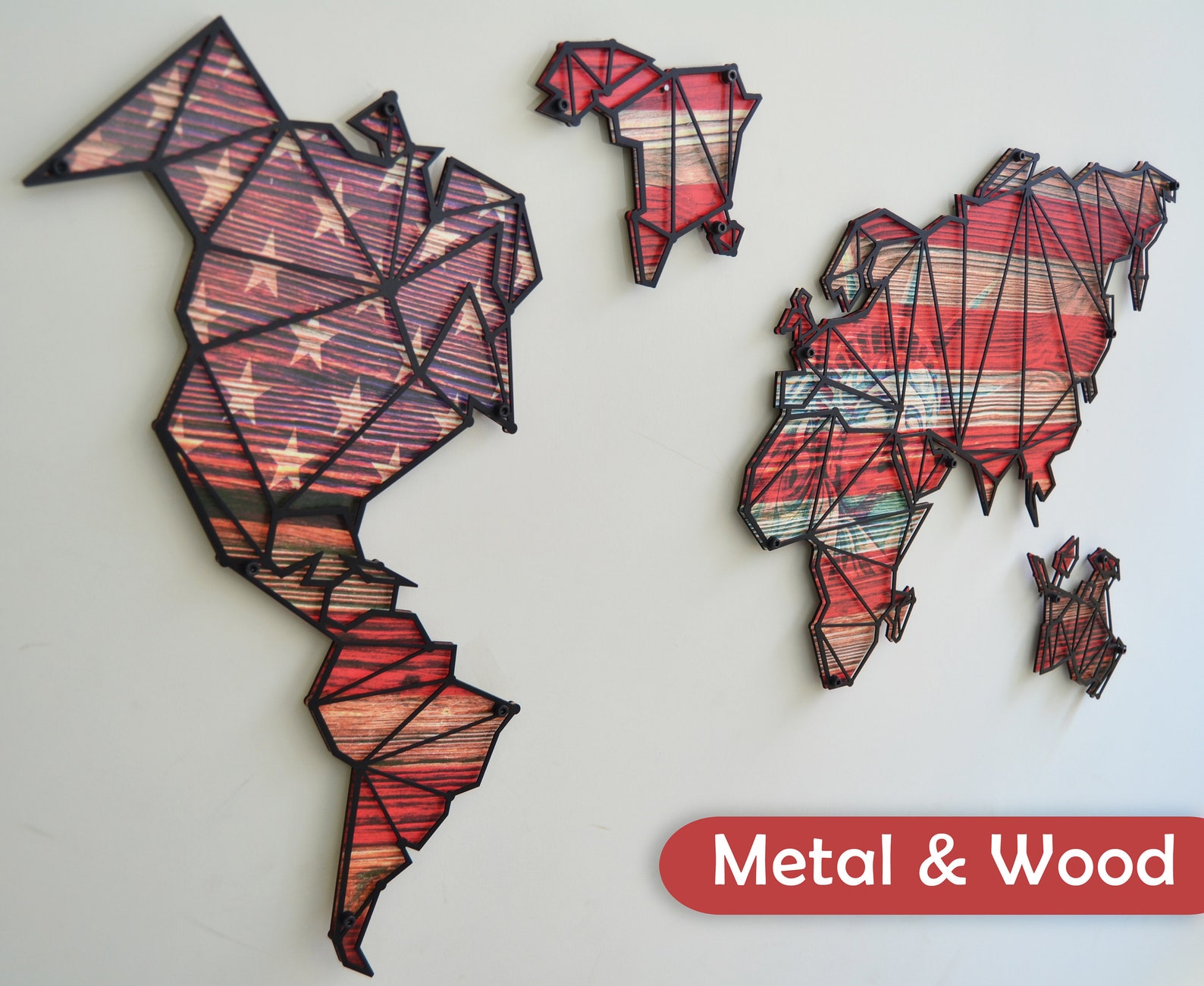 Metal World Map With Painted American Flag Wood Vector Decal MDF ...
