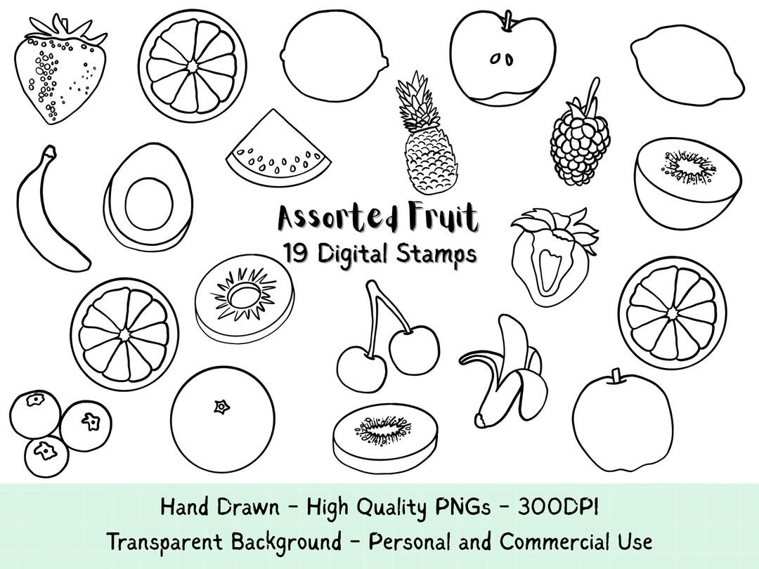 Fruit Digital Stamps, Fruit Clipart, Hand Drawn PNG, Lineart, Doodle ...