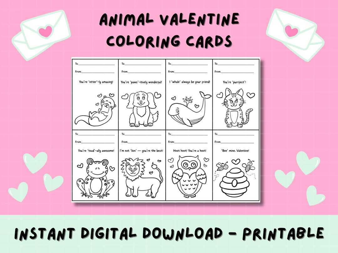 Animal Puns Valentine's Day Coloring Cards – Printable (digital ...