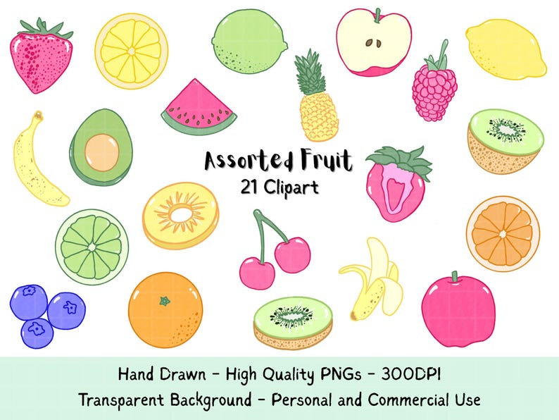 Fruit Clipart Bundle, Hand Drawn PNG, Sublimation Designs, Fruit ...