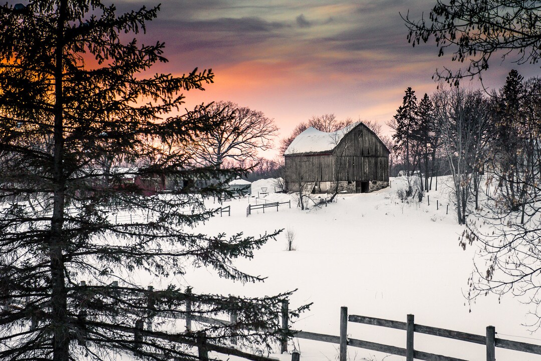 Winter Barn Photo, Sunset Farmhouse Decor, Rural Landscape Art - Etsy