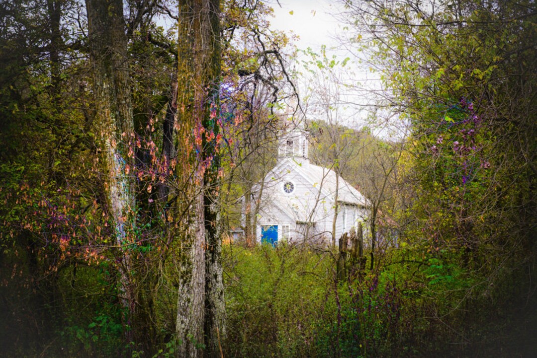 White Church Photo, Hidden Church in Woods, Spiritual Home Decor for ...