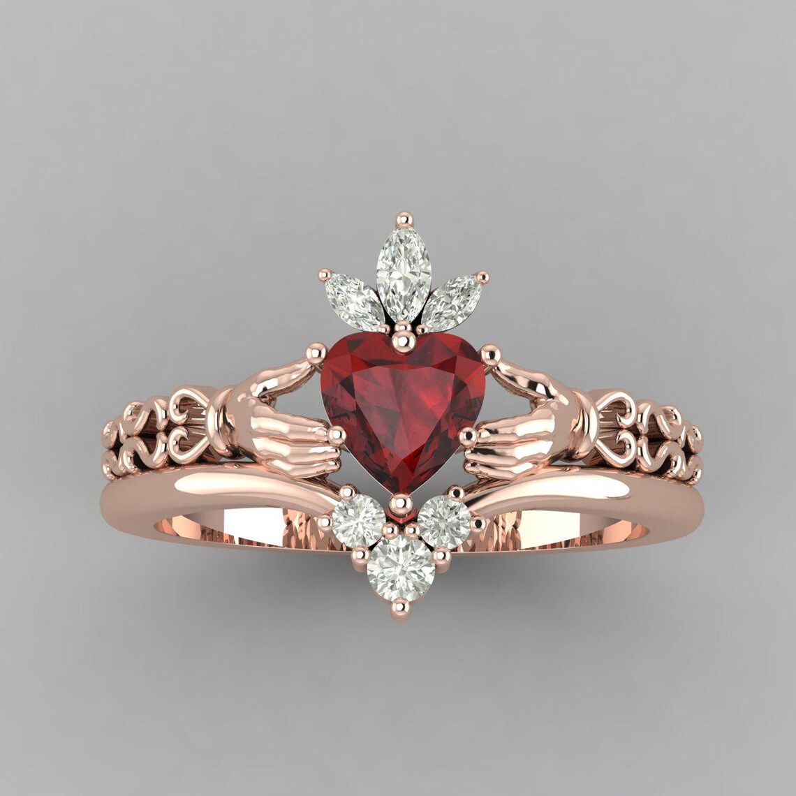 Claddagh Red Garnet Engagement Ring Heart Shaped Wedding Ring Marquise ...