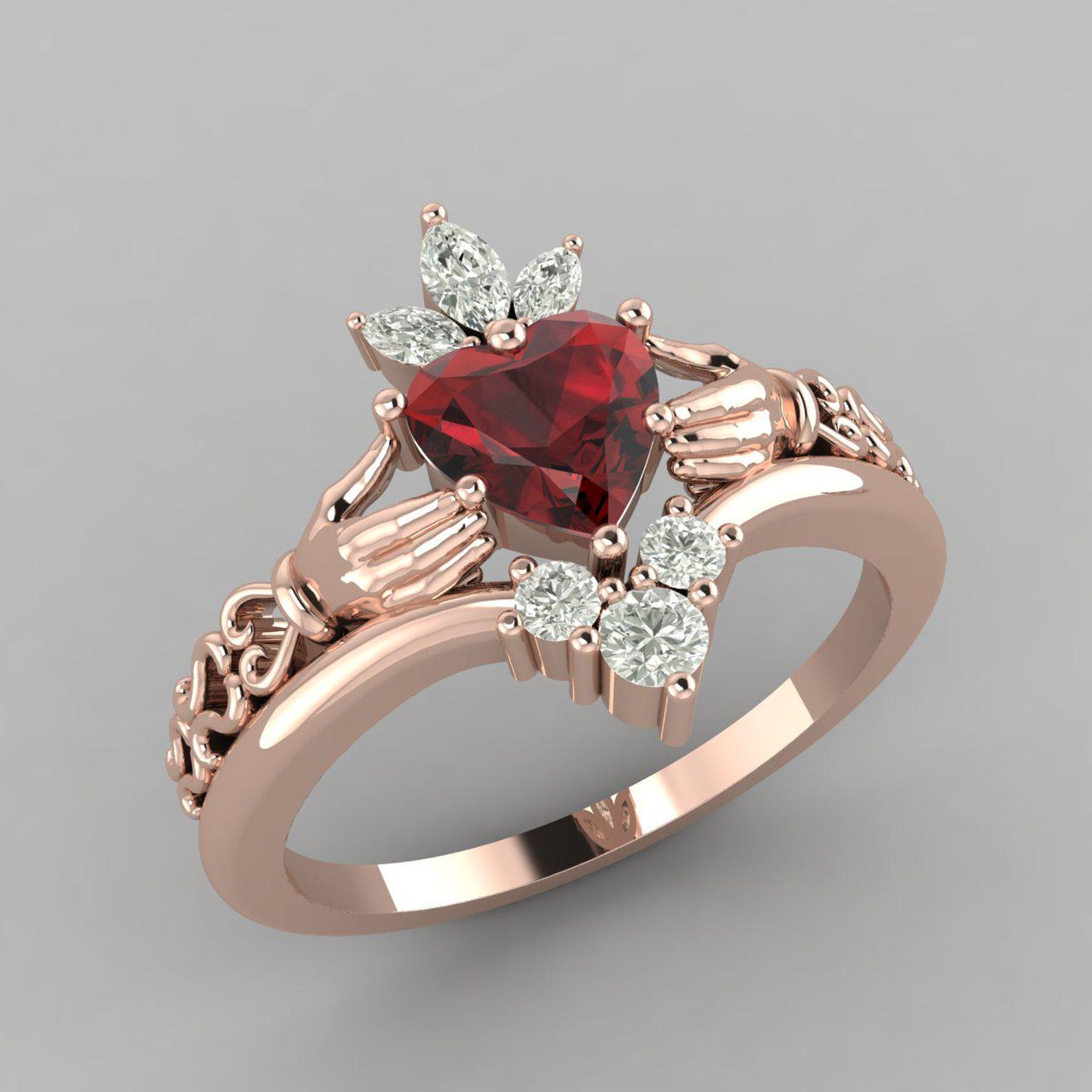 Claddagh Red Garnet Engagement Ring Heart Shaped Wedding Ring Marquise ...
