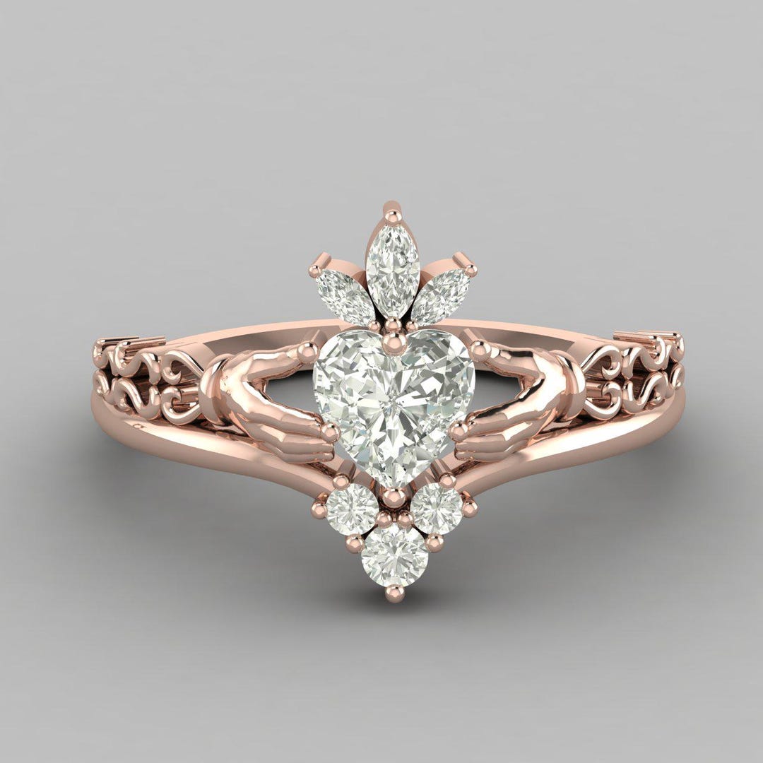 14k Rose Gold Heart Shaped Claddagh Moissanite Diamond Wedding Band ...