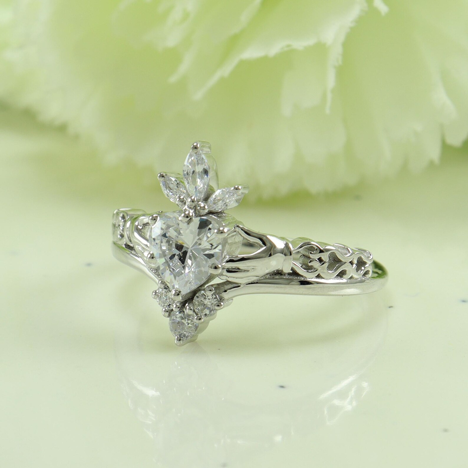 14k Rose Gold Heart Shaped Claddagh Moissanite Diamond Wedding Band ...