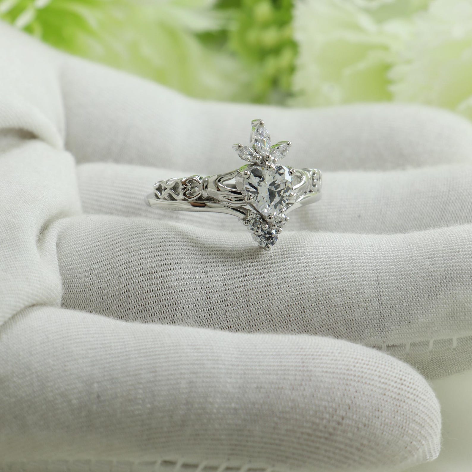 14k Rose Gold Heart Shaped Claddagh Moissanite Diamond Wedding Band ...