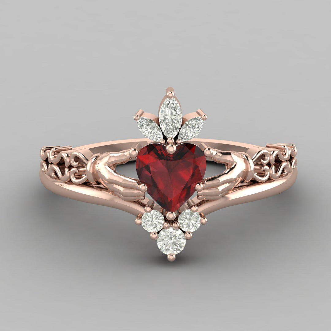 Claddagh Red Garnet Engagement Ring Heart Shaped Wedding Ring Marquise ...
