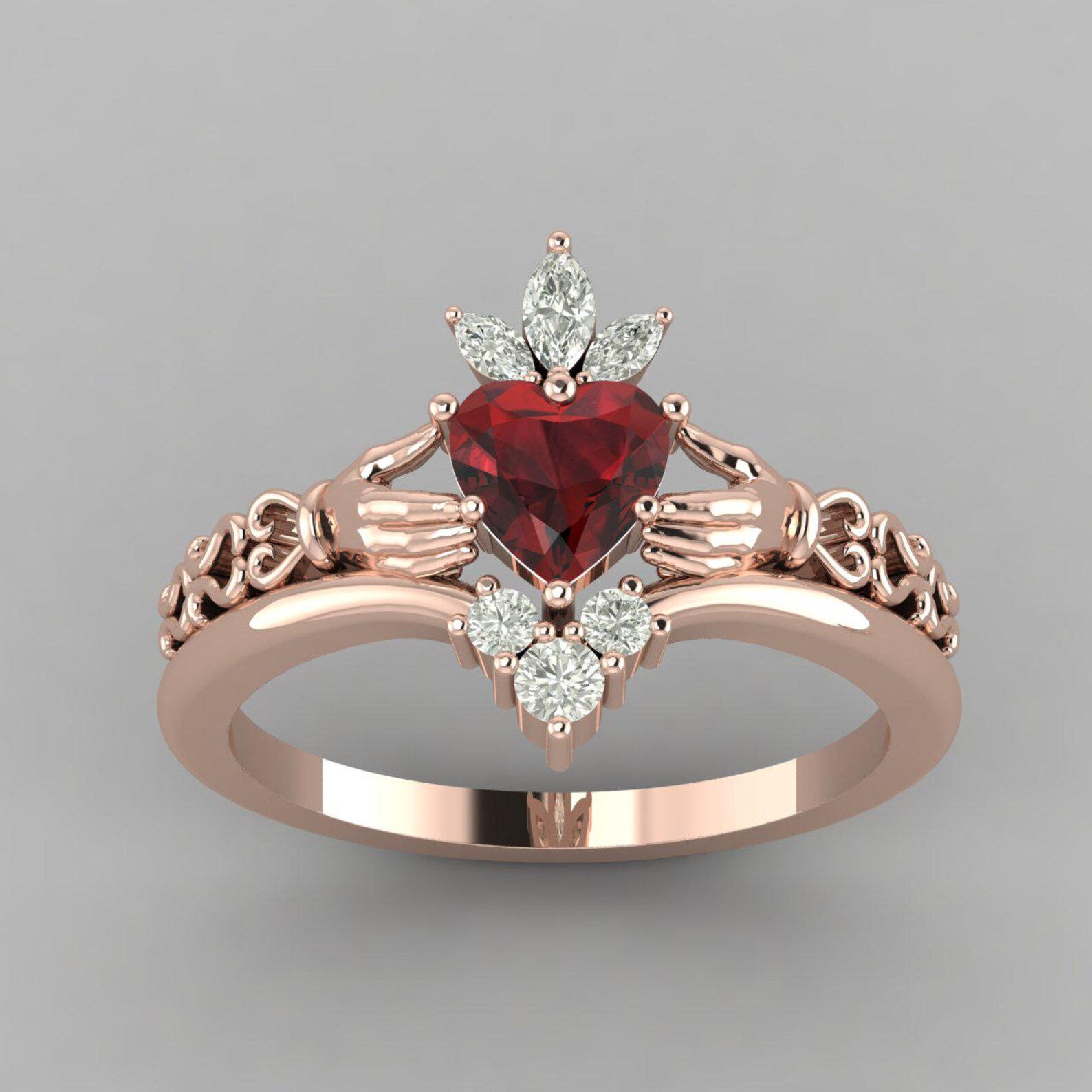Claddagh Red Garnet Engagement Ring Heart Shaped Wedding Ring Marquise ...