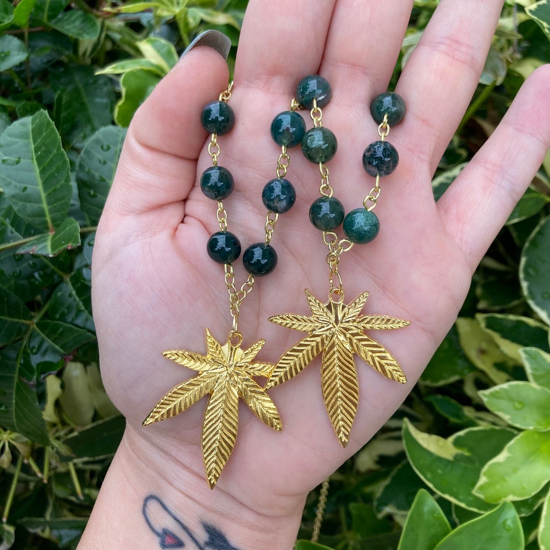 Cannabis Charm Necklace / Moss Agate Necklace / Cannabis & Moss Agate ...