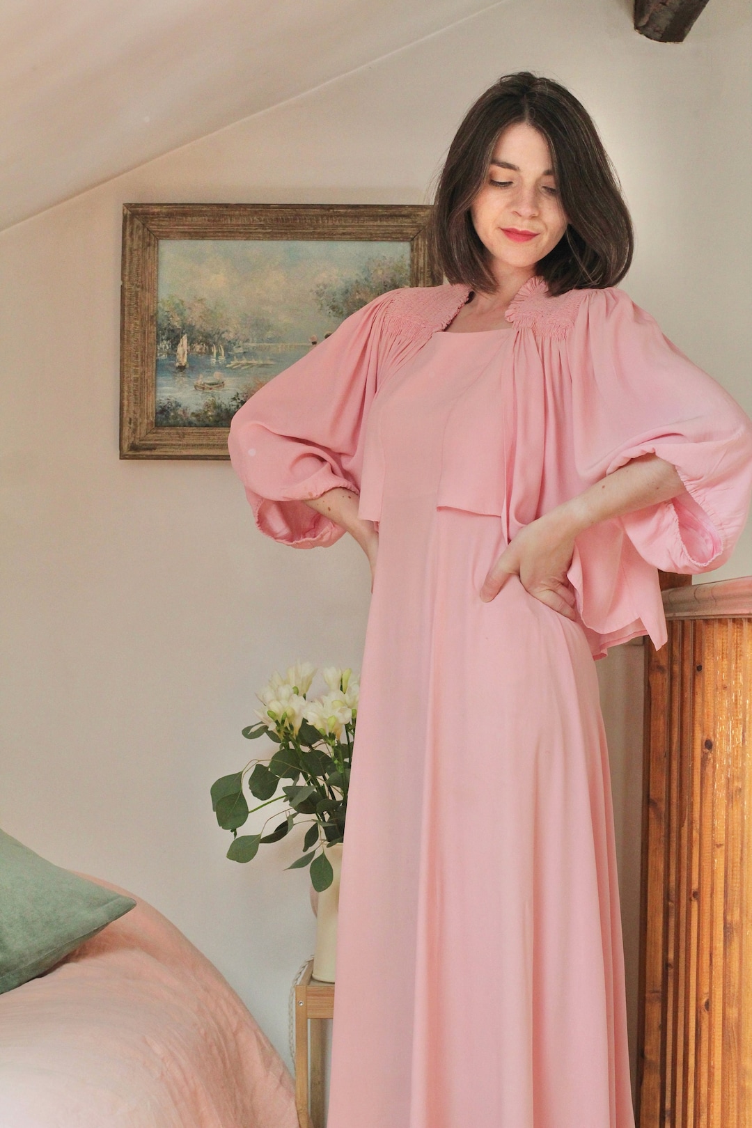 Rare 30s Nightgown and Bed Jacket Set in Pink Crepe - Etsy