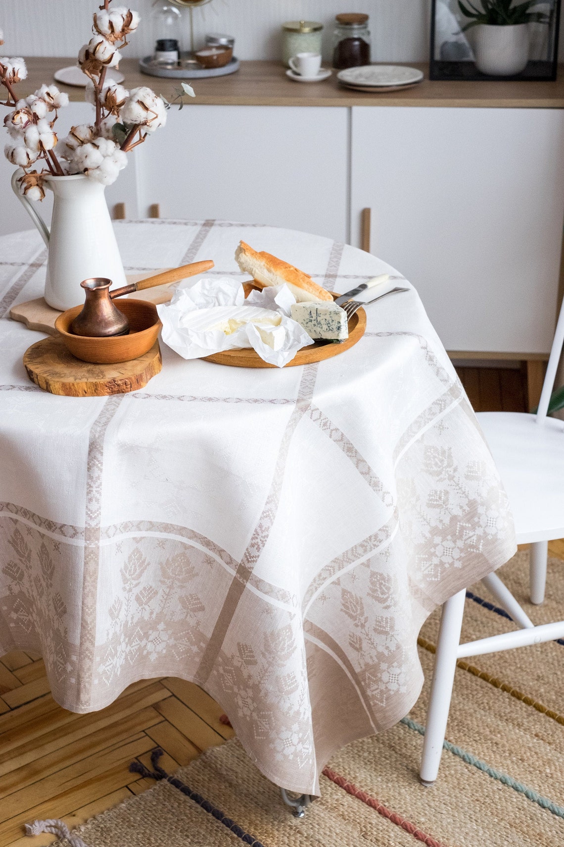 Beige Square Tablecloth, White Jacquard Kitchen Table Linens, French ...