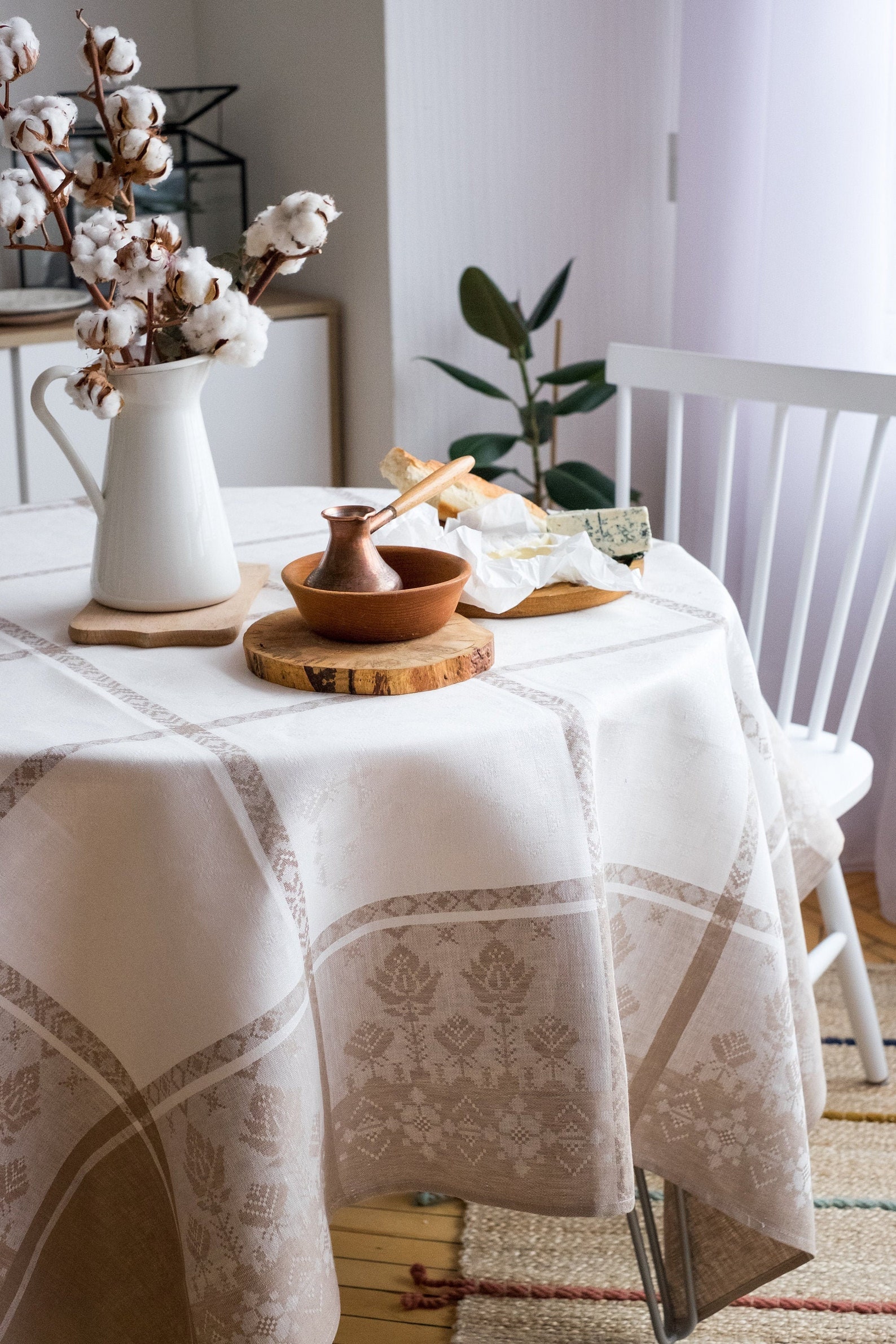Beige Square Tablecloth, White Jacquard Kitchen Table Linens, French ...