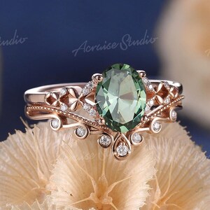 Vintage Green Sapphire Engagement Ring Set Solid Gold Diamond Wedding ...