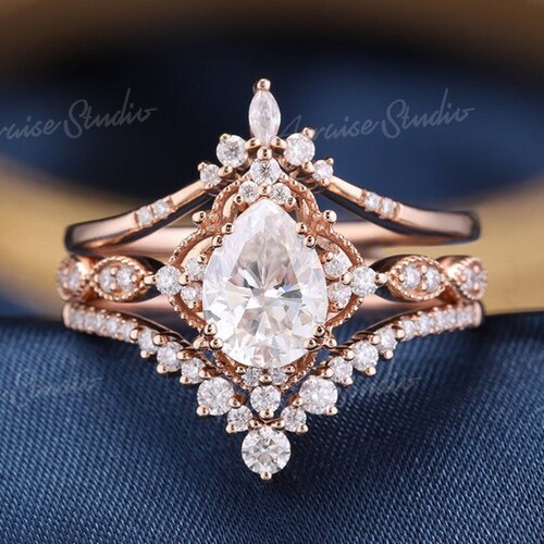 Vintage Oval Moissanite Engagement Ring Set Rose Gold - Etsy