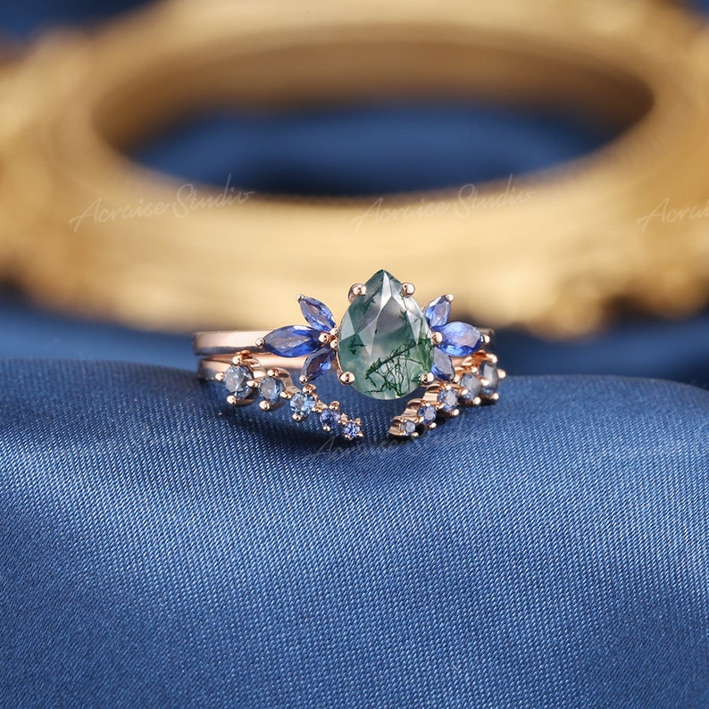 Vintage Moss Agate Engagement Rings Women Rose Gold Pear - Etsy