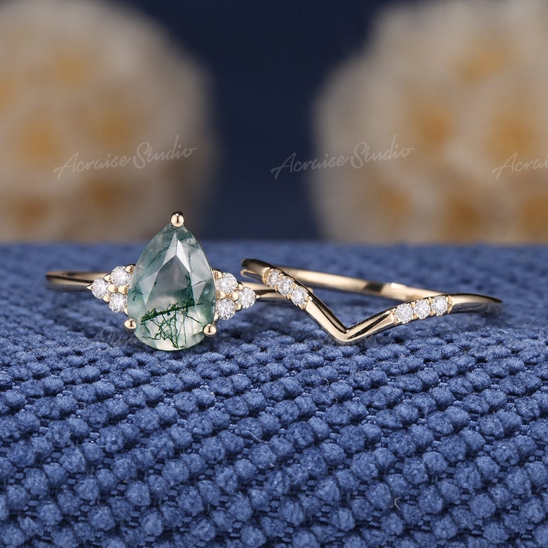 Pear Shaped Moss Agate Engagement Ring Set Vintage Gold Rings - Etsy