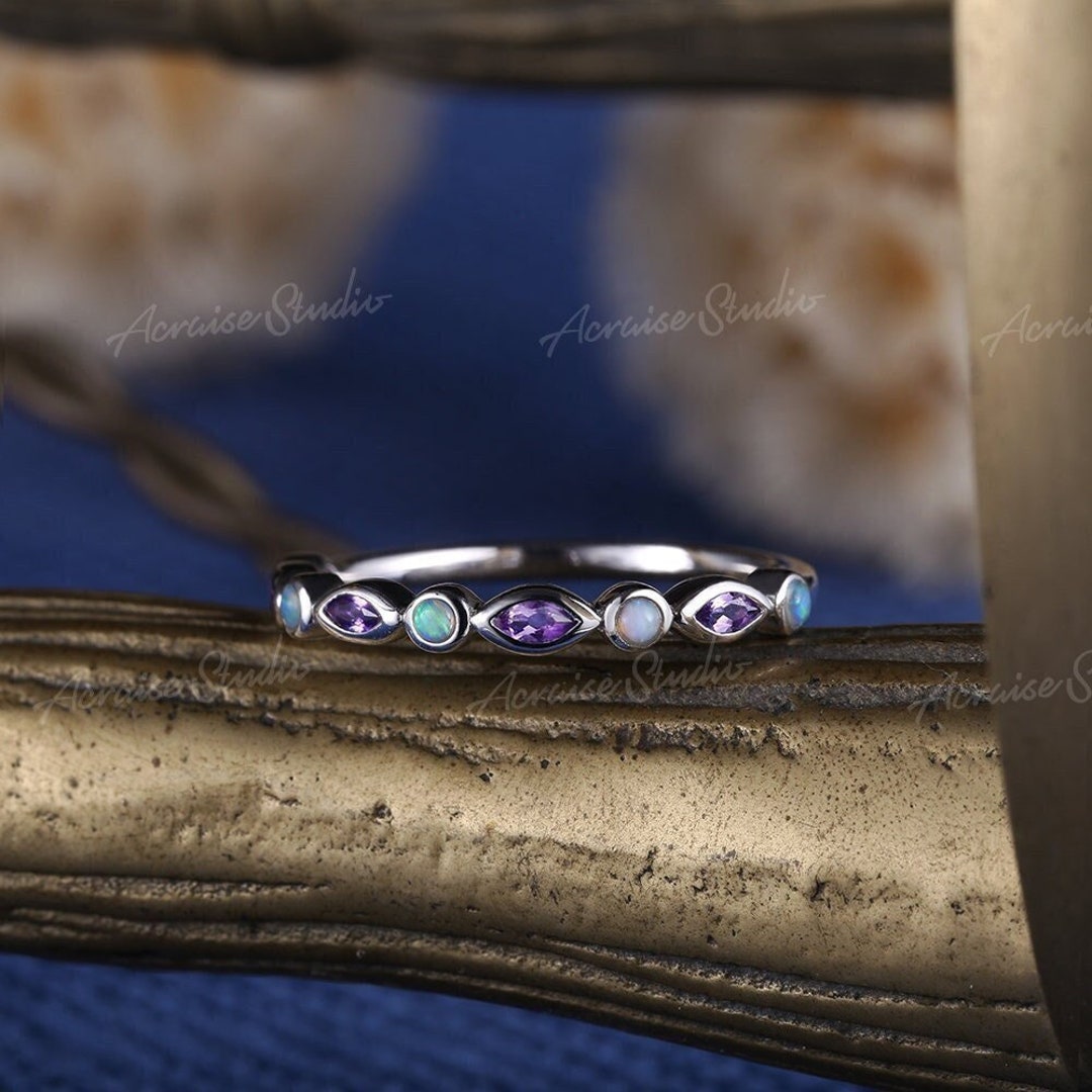 Unique Amethyst Opal Wedding Band Gold Women Marquise Amethyst Wedding ...