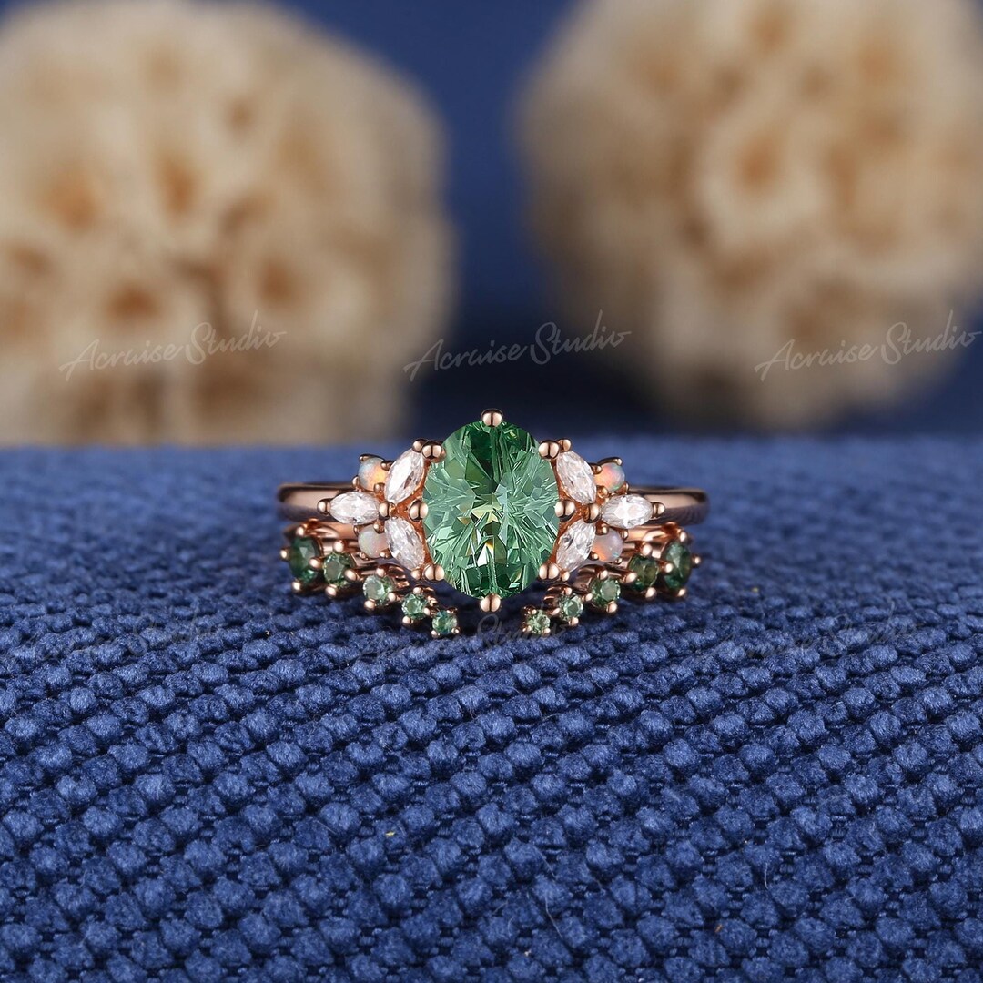 Unique Fireworks Cut Green Sapphire Engagement Ring Set Women Rose Gold ...