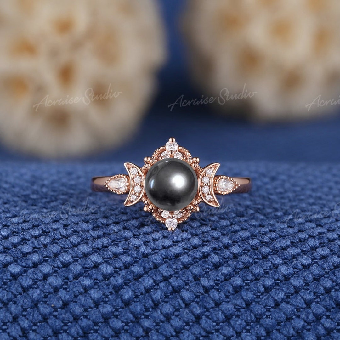 Unique Black Pearl Engagement Ring Tahitian Pearl Diamond Cluster ...