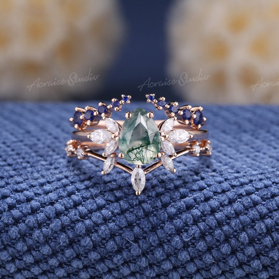 3pcs Moss Agate Engagement Ring Set Natural Sapphire Wedding Band Rose ...