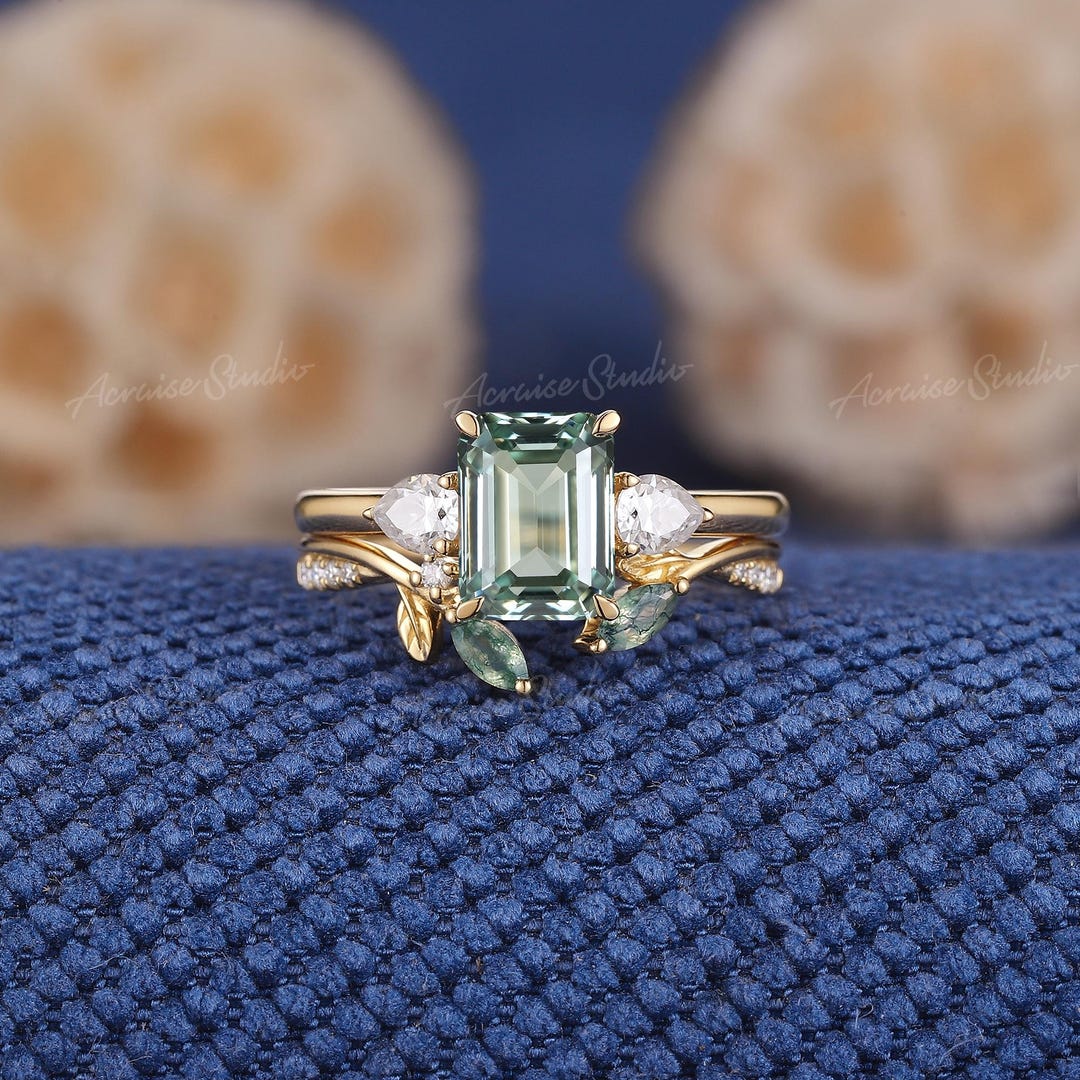 Emerald Cut Green Sapphire Engagement Ring Set Nature Inspired Moss ...