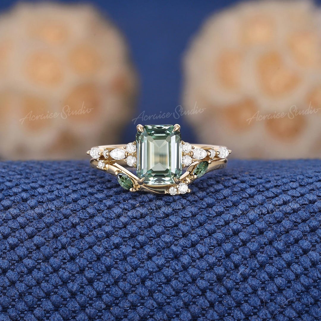 Eemerald Cut Green Sapphire Engagement Ring Set 14K Yellow Gold Diamond ...