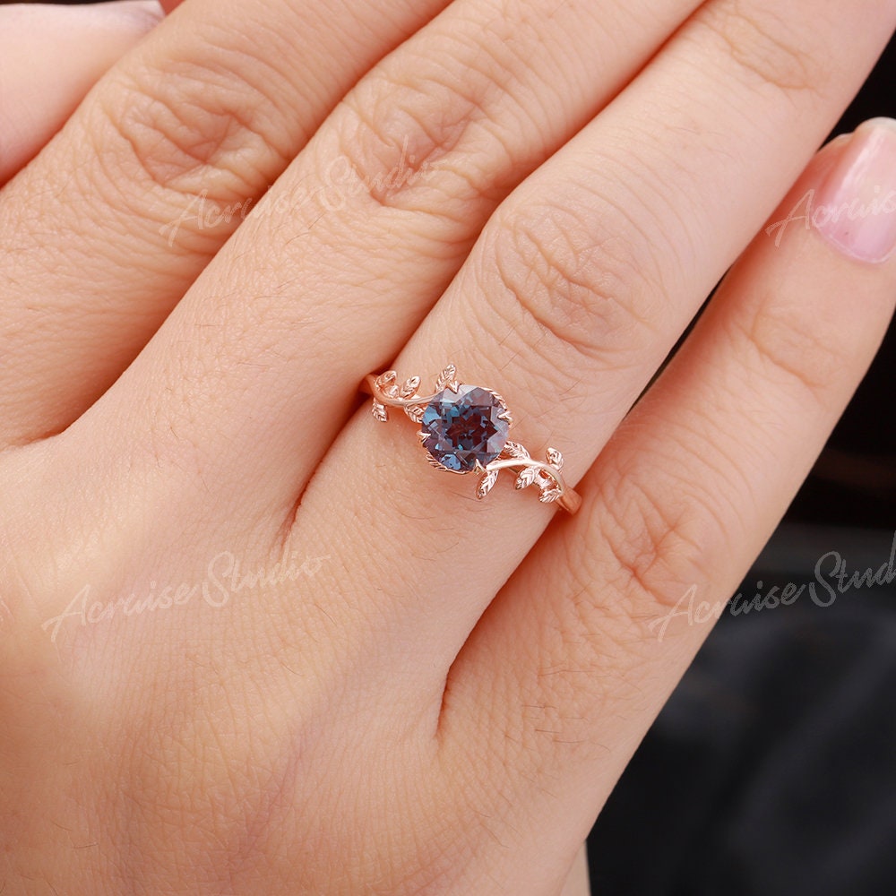 Unique Alexandrite Engagement Ring Round Cut Wedding Ring Rose | Etsy