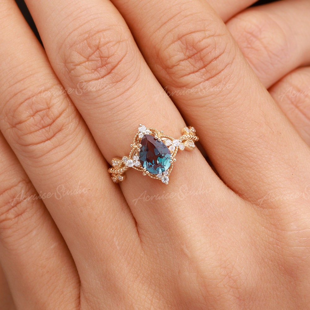 Pear Alexandrite Engagement Ring Vintage Solid 14k 18k Gold | Etsy