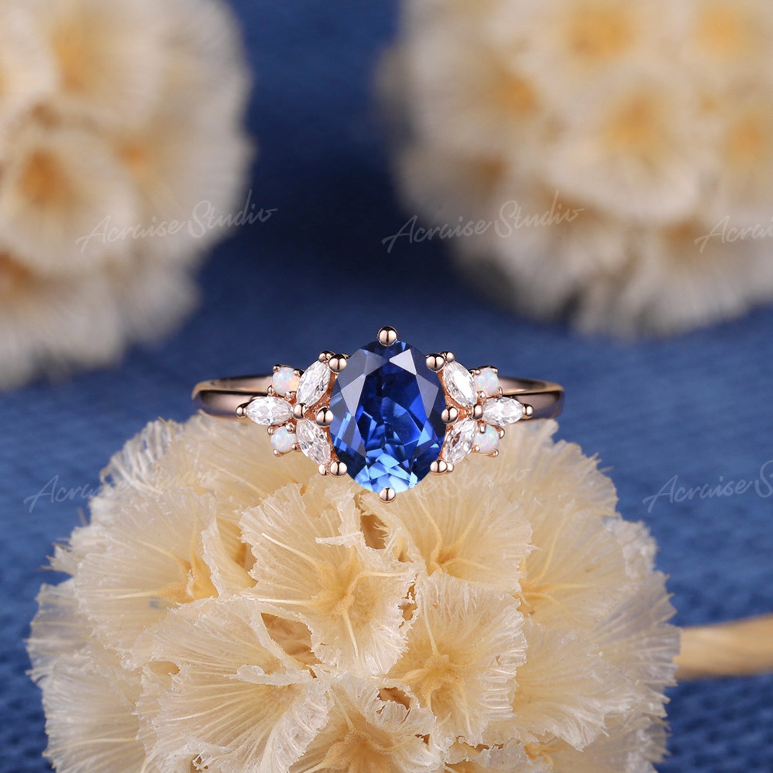 Vintage Oval Shaped Royal Blue Sapphire Engagement Ring Rose Gold ...