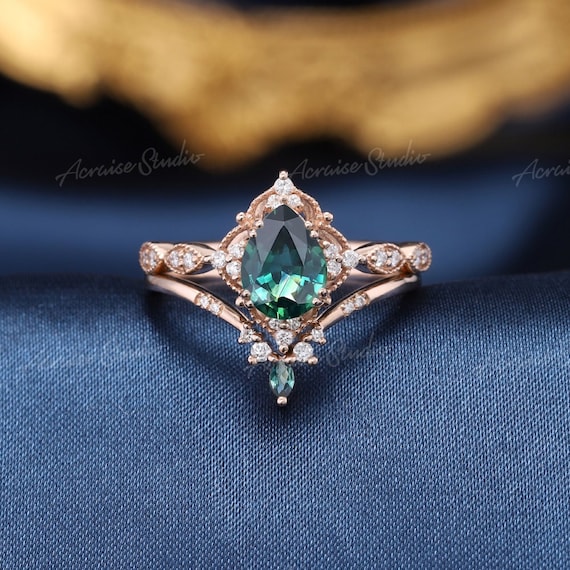 Boda Verde Pera Anillo De Diamantes Y Zafiro Pera Menta, Anillo De