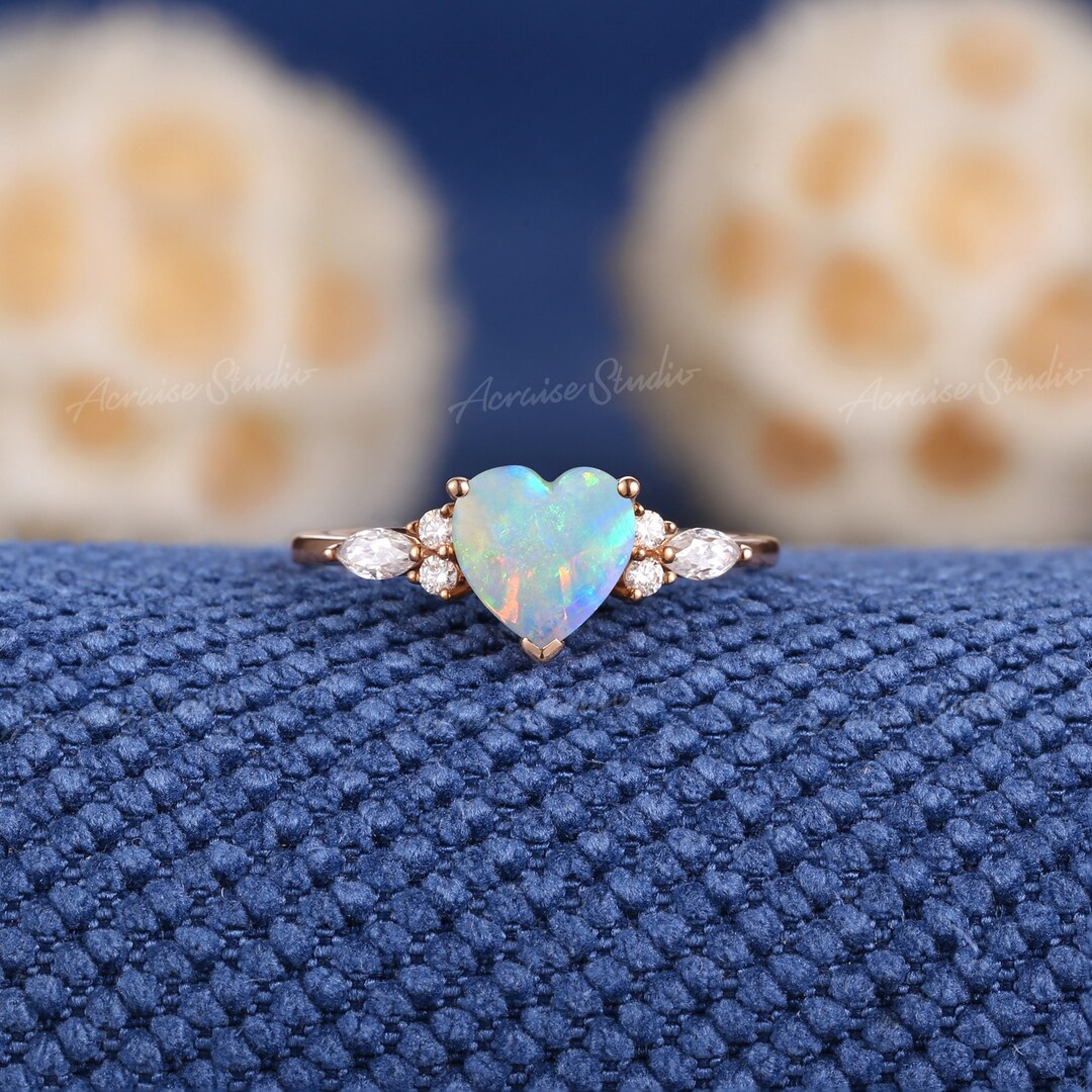 Unique Heart Shaped Opal Engagement Ring Rose Gold Moissanite Cluster ...