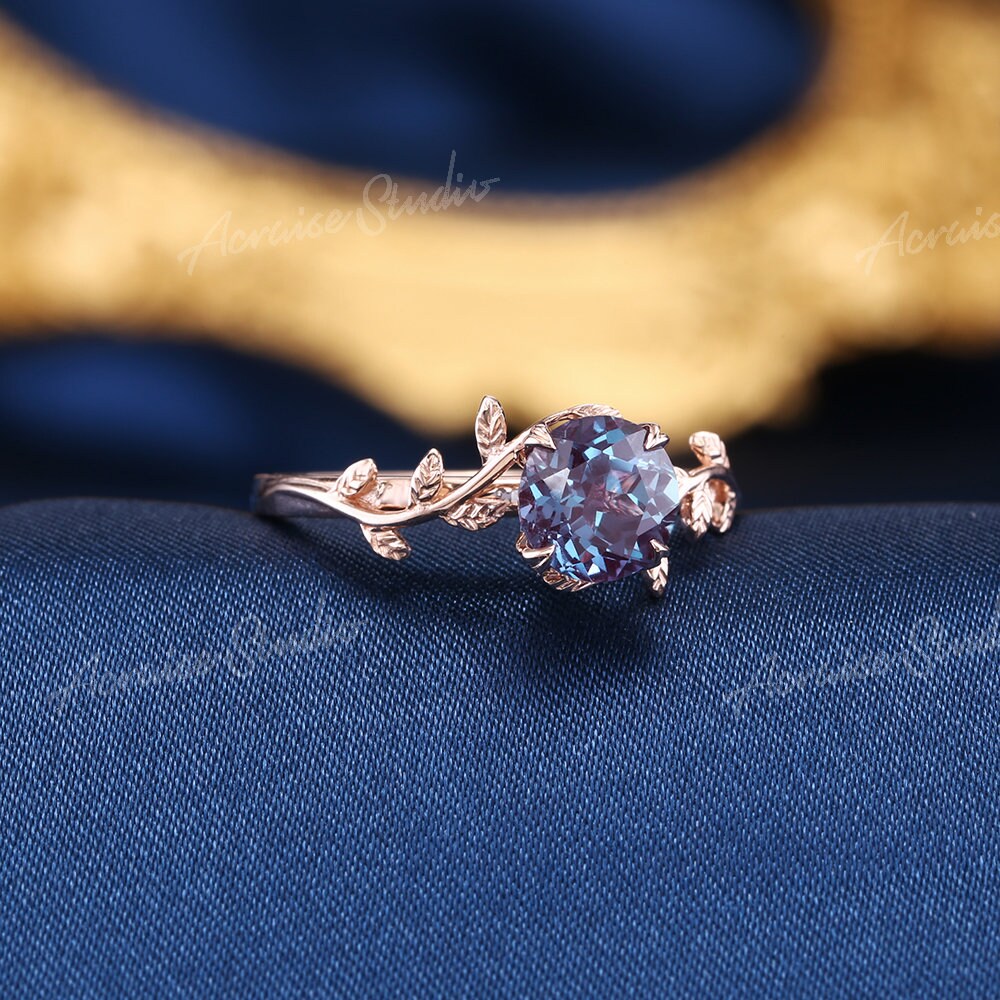 Unique Alexandrite Engagement Ring Round Cut Wedding Ring Rose | Etsy