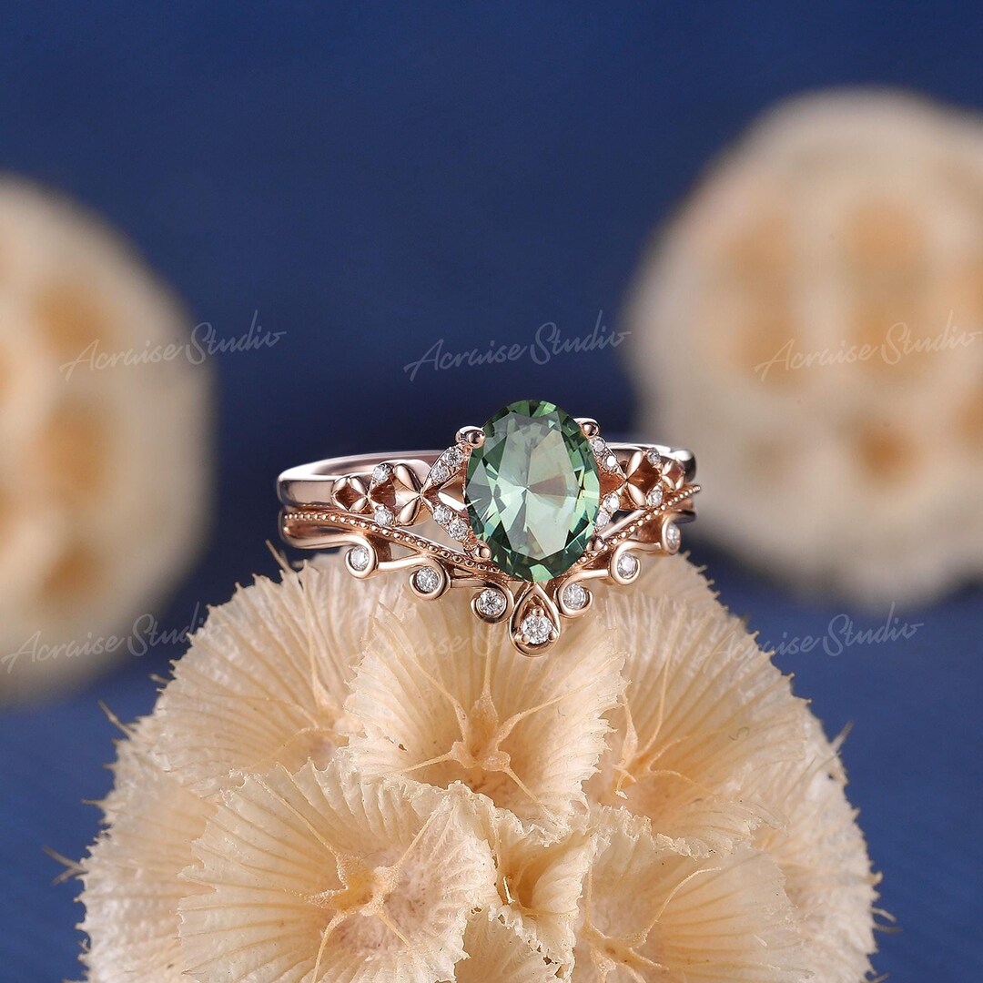 Vintage Green Sapphire Engagement Ring Set Solid Gold Diamond Wedding ...